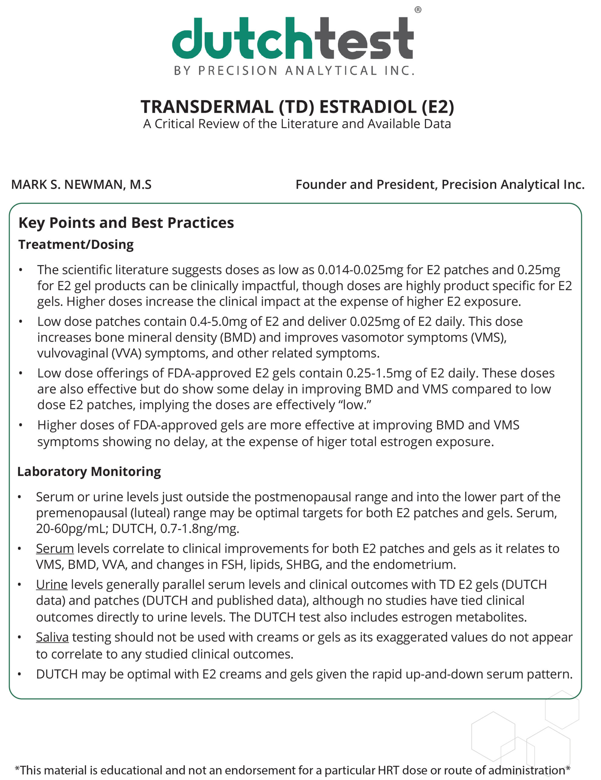 Transdermal Estradiol Lab Testing & Dosing - DUTCH Test