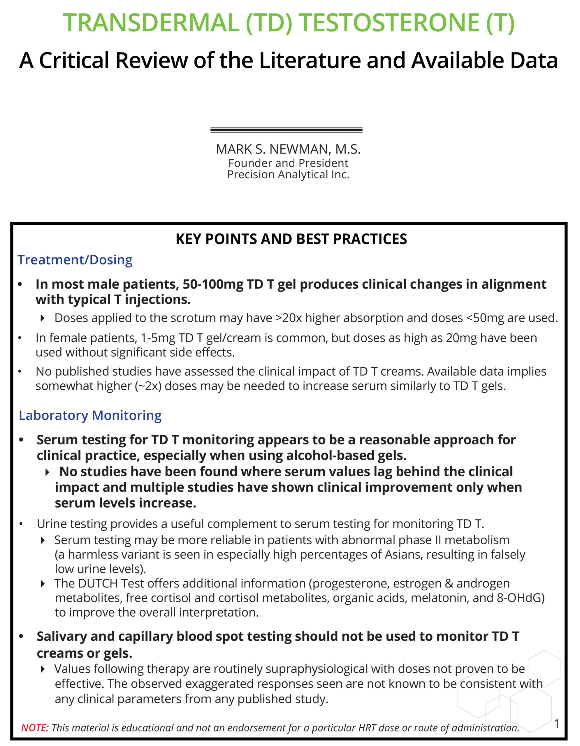 Transdermal Testosterone Best Practices - DUTCH Test